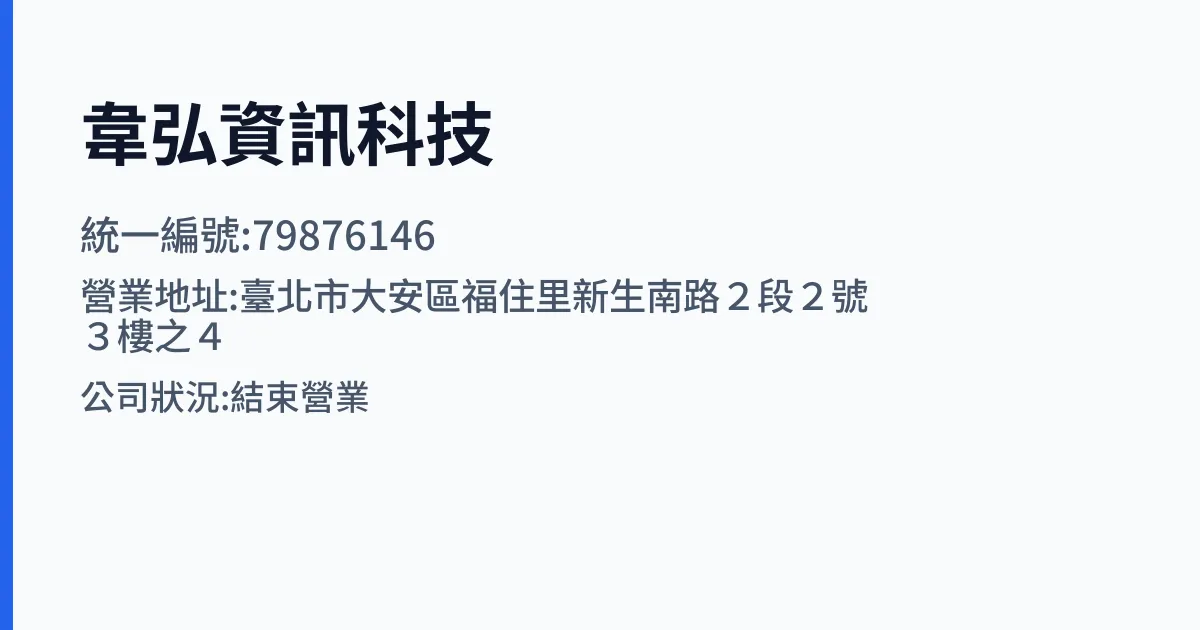 韋弘資訊科技 - 統編 79876146(臺北市) 公司登記資料與營業項目詳細圖表