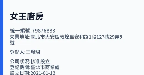 女王廚房的照片-統編 79876883(臺北市) 公司登記資料與營業項目詳細圖表