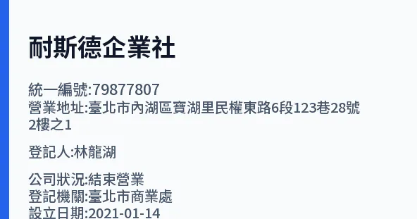 耐斯德企業社的照片-統編 79877807(臺北市) 公司登記資料與營業項目詳細圖表