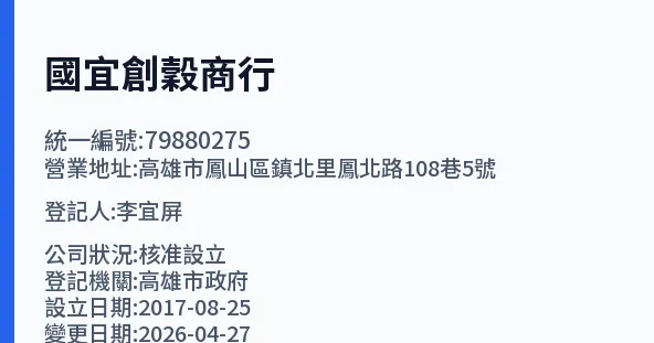 國宜創穀商行的照片-統編 79880275(高雄市) 公司登記資料與營業項目詳細圖表
