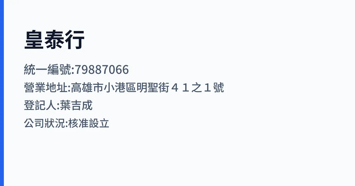 皇泰行 - 統編 79887066（高雄市） 公司登記資料與營業項目詳細圖表