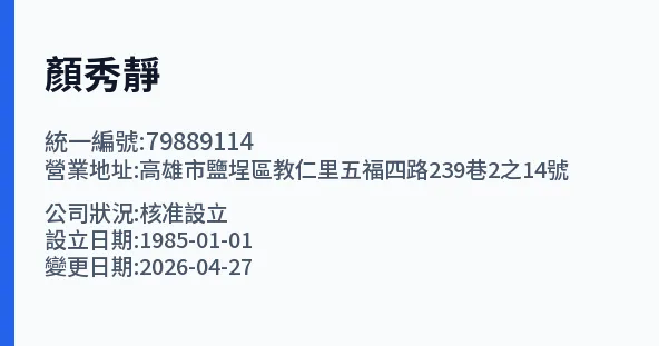 顏秀靜的照片-統編 79889114(高雄市) 公司登記資料與營業項目詳細圖表