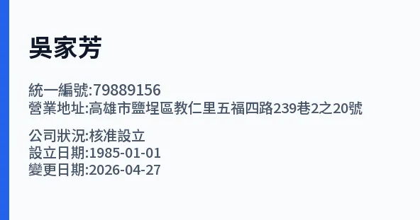 吳家芳的照片-統編 79889156(高雄市) 公司登記資料與營業項目詳細圖表