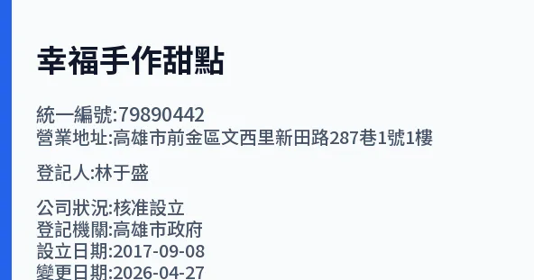幸福手作甜點的照片-統編 79890442(高雄市) 公司登記資料與營業項目詳細圖表