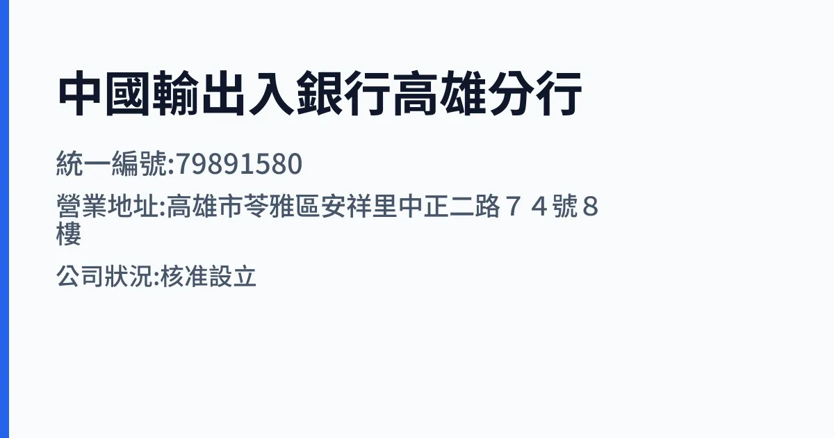中國輸出入銀行高雄分行 - 統編 79891580(高雄市) 公司登記資料與營業項目詳細圖表