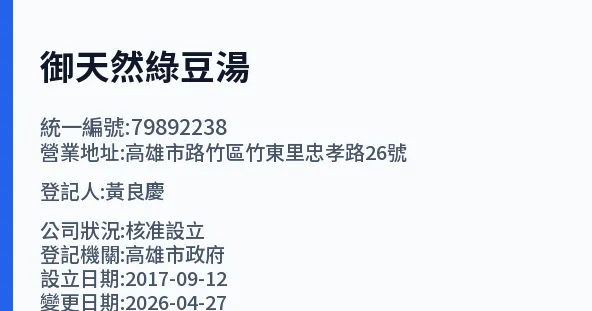 御天然綠豆湯的照片-統編 79892238(高雄市) 公司登記資料與營業項目詳細圖表