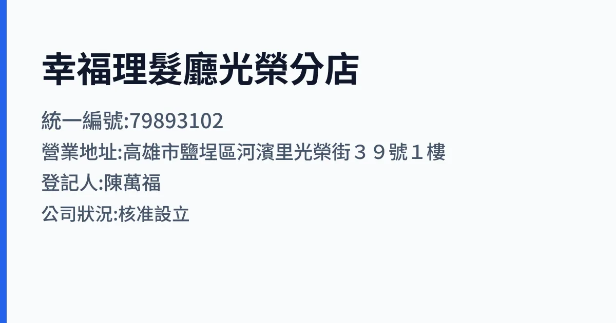幸福理髮廳光榮分店 - 統編 79893102(高雄市) 公司登記資料與營業項目詳細圖表