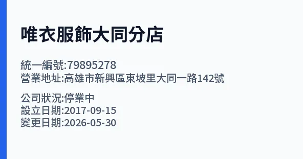 唯衣服飾大同分店的照片-統編 79895278(高雄市) 公司登記資料與營業項目詳細圖表