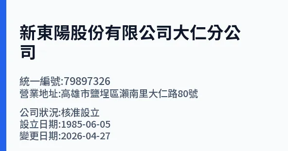 新東陽股份有限公司大仁分公司的照片-統編 79897326(高雄市) 公司登記資料與營業項目詳細圖表