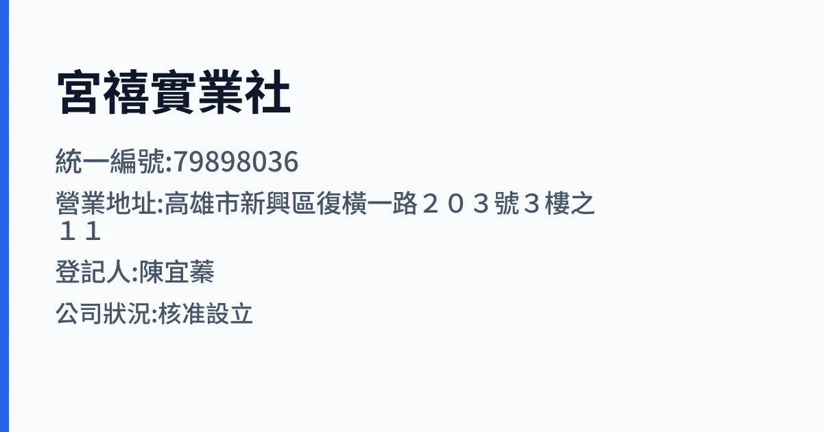 宮禧實業社 - 統編 79898036(高雄市) 公司登記資料與營業項目詳細圖表