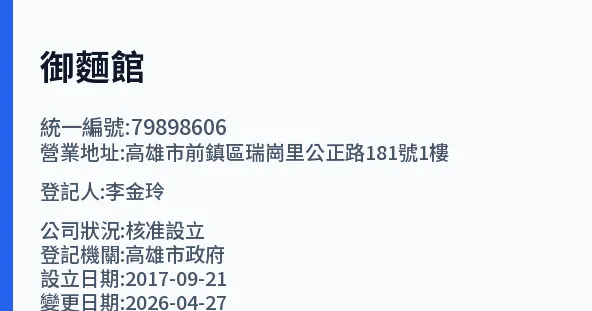 御麵館的照片-統編 79898606(高雄市) 公司登記資料與營業項目詳細圖表
