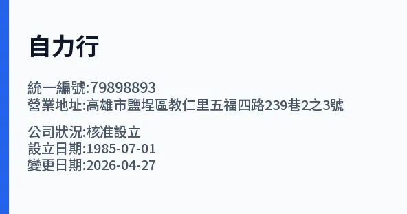自力行的照片-統編 79898893(高雄市) 公司登記資料與營業項目詳細圖表