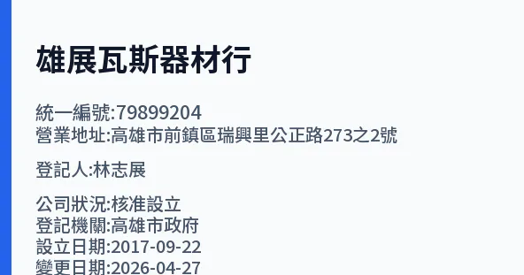 雄展瓦斯器材行的照片-統編 79899204(高雄市) 公司登記資料與營業項目詳細圖表