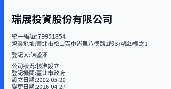 瑞展投資股份有限公司的照片-統編 79951854(臺北市) 公司登記資料與營業項目詳細圖表