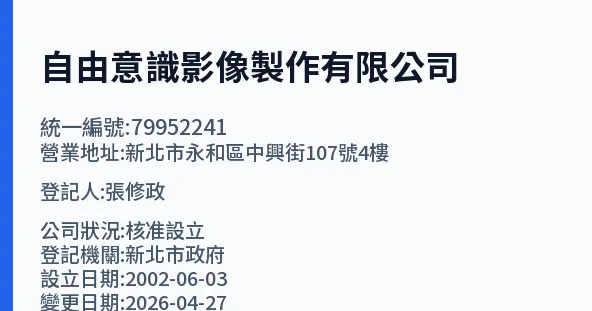 自由意識影像製作有限公司的照片-統編 79952241(新北市) 公司登記資料與營業項目詳細圖表
