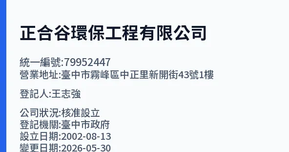 正合谷環保工程有限公司的照片-統編 79952447(臺中市) 公司登記資料與營業項目詳細圖表