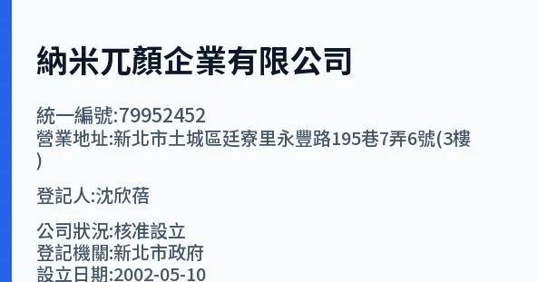 納米兀顏企業有限公司的照片-統編 79952452(新北市) 公司登記資料與營業項目詳細圖表