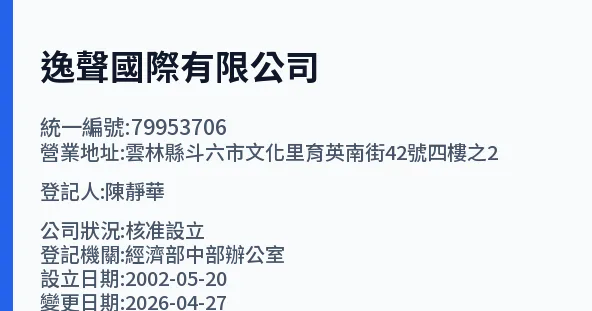 逸聲國際有限公司的照片-統編 79953706(雲林縣) 公司登記資料與營業項目詳細圖表