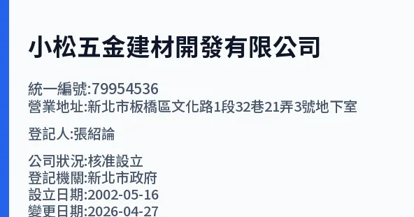 小松五金建材開發有限公司的照片-統編 79954536(新北市) 公司登記資料與營業項目詳細圖表