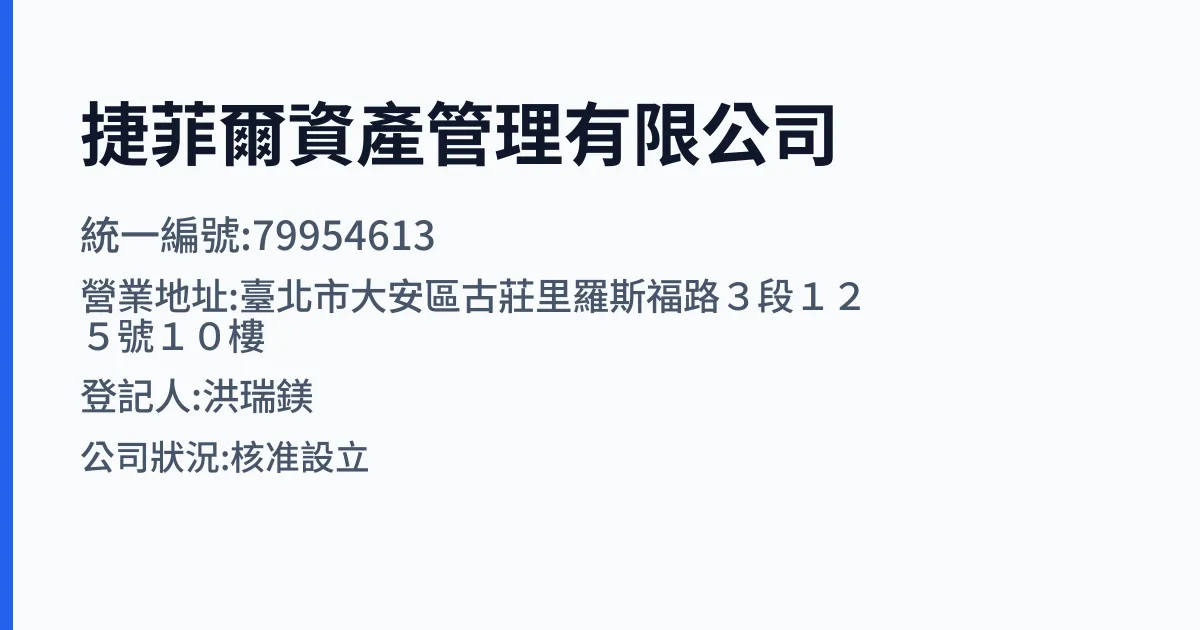 捷菲爾資產管理有限公司 - 統編 79954613(臺北市) 公司登記資料與營業項目詳細圖表