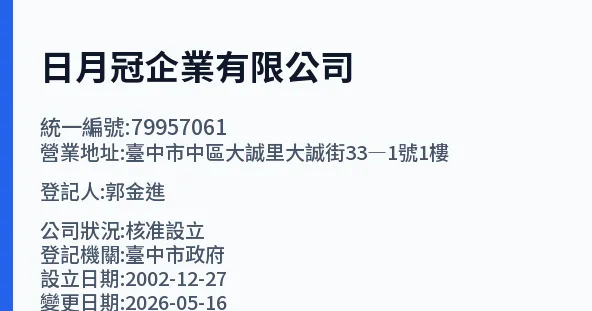 日月冠企業有限公司的照片-統編 79957061(臺中市) 公司登記資料與營業項目詳細圖表