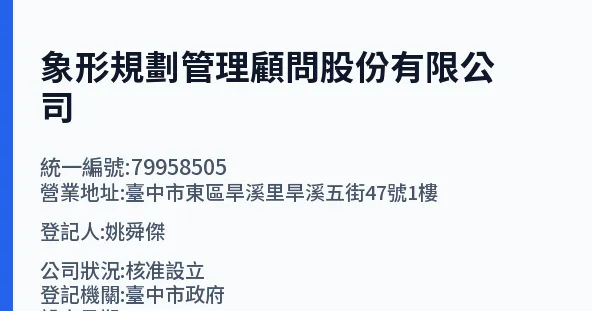 象形規劃管理顧問股份有限公司的照片-統編 79958505(臺中市) 公司登記資料與營業項目詳細圖表