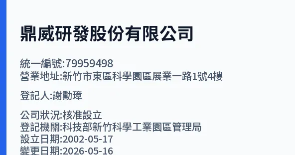 鼎威研發股份有限公司的照片-統編 79959498(新竹市) 公司登記資料與營業項目詳細圖表