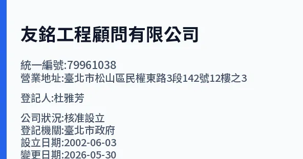 友銘工程顧問有限公司的照片-統編 79961038(臺北市) 公司登記資料與營業項目詳細圖表