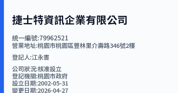 捷士特資訊企業有限公司的照片-統編 79962521(桃園市) 公司登記資料與營業項目詳細圖表
