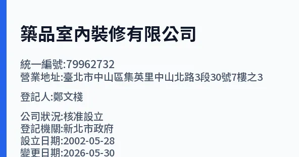 築品室內裝修有限公司的照片-統編 79962732(臺北市) 公司登記資料與營業項目詳細圖表