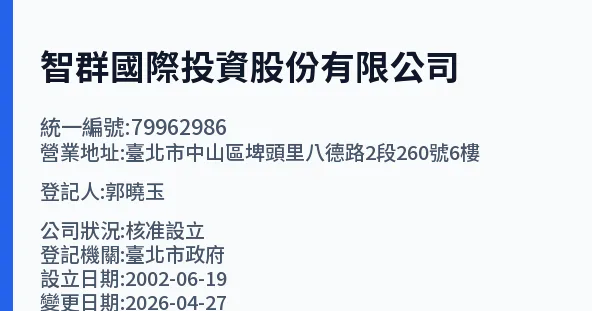 智群國際投資股份有限公司的照片-統編 79962986(臺北市) 公司登記資料與營業項目詳細圖表