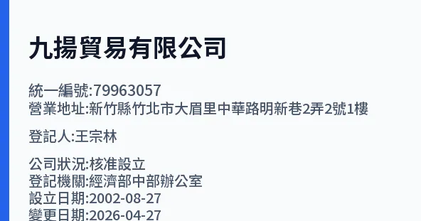 九揚貿易有限公司的照片-統編 79963057(新竹縣) 公司登記資料與營業項目詳細圖表