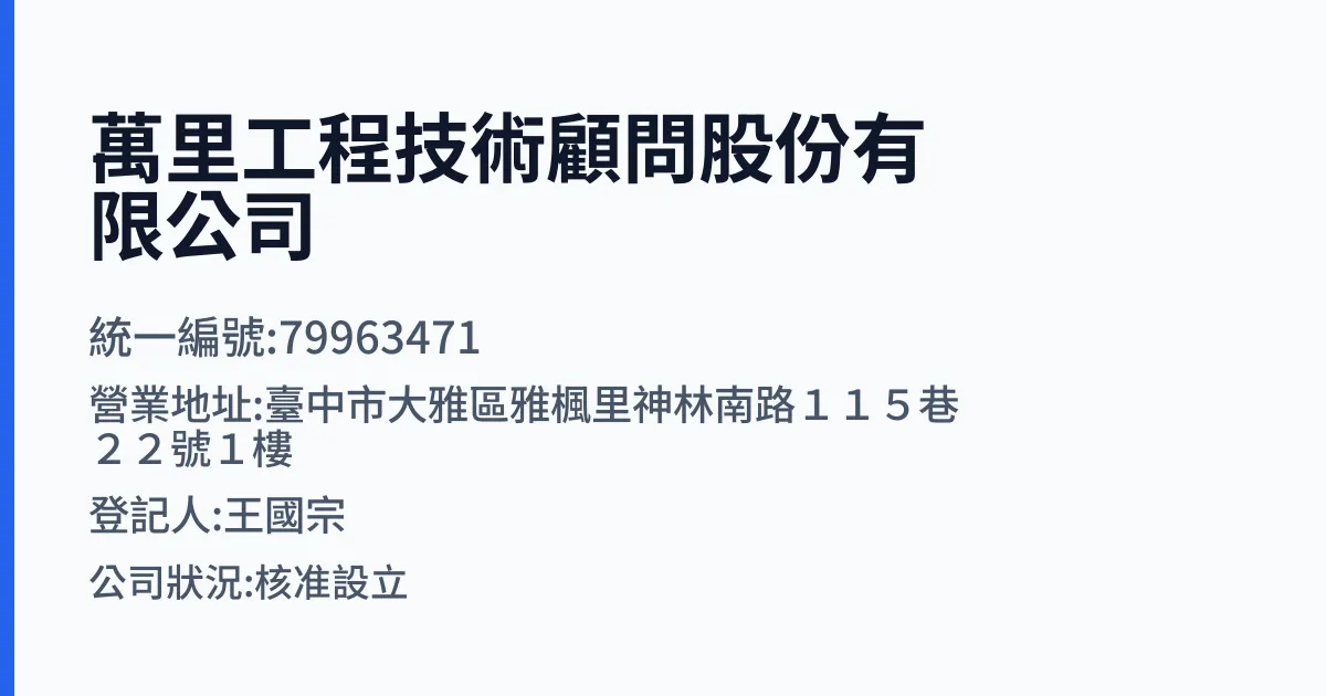 萬里工程技術顧問股份有限公司 - 統編 79963471(臺中市) 公司登記資料與營業項目詳細圖表