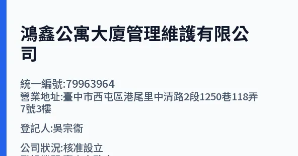 鴻鑫公寓大廈管理維護有限公司的照片-統編 79963964(臺中市) 公司登記資料與營業項目詳細圖表