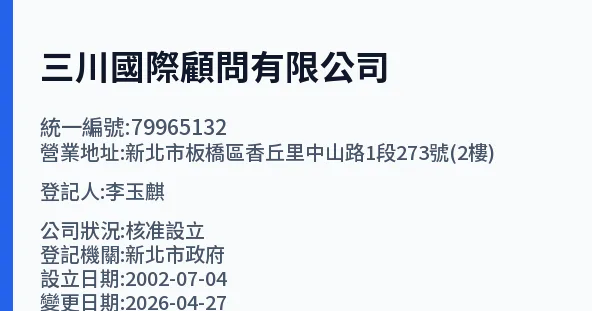 三川國際顧問有限公司的照片-統編 79965132(新北市) 公司登記資料與營業項目詳細圖表