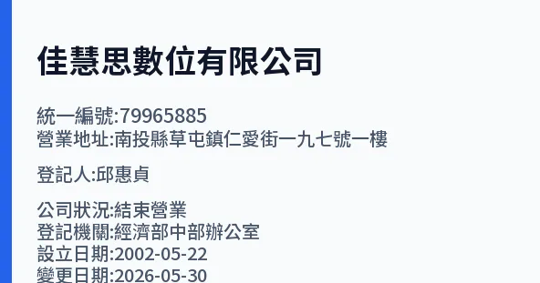佳慧思數位有限公司的照片-統編 79965885(南投縣) 公司登記資料與營業項目詳細圖表
