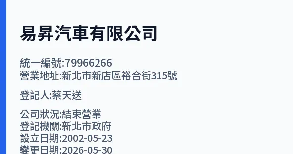 易昇汽車有限公司的照片-統編 79966266(新北市) 公司登記資料與營業項目詳細圖表