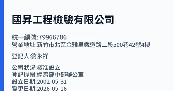 國昇工程檢驗有限公司的照片-統編 79966786(新竹市) 公司登記資料與營業項目詳細圖表