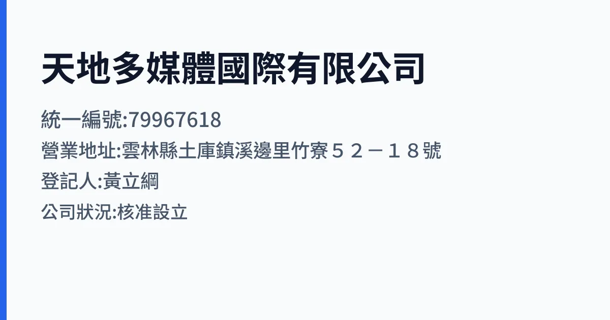 天地多媒體國際有限公司 - 統編 79967618(雲林縣) 公司登記資料與營業項目詳細圖表