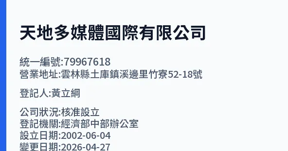 天地多媒體國際有限公司的照片-統編 79967618(雲林縣) 公司登記資料與營業項目詳細圖表