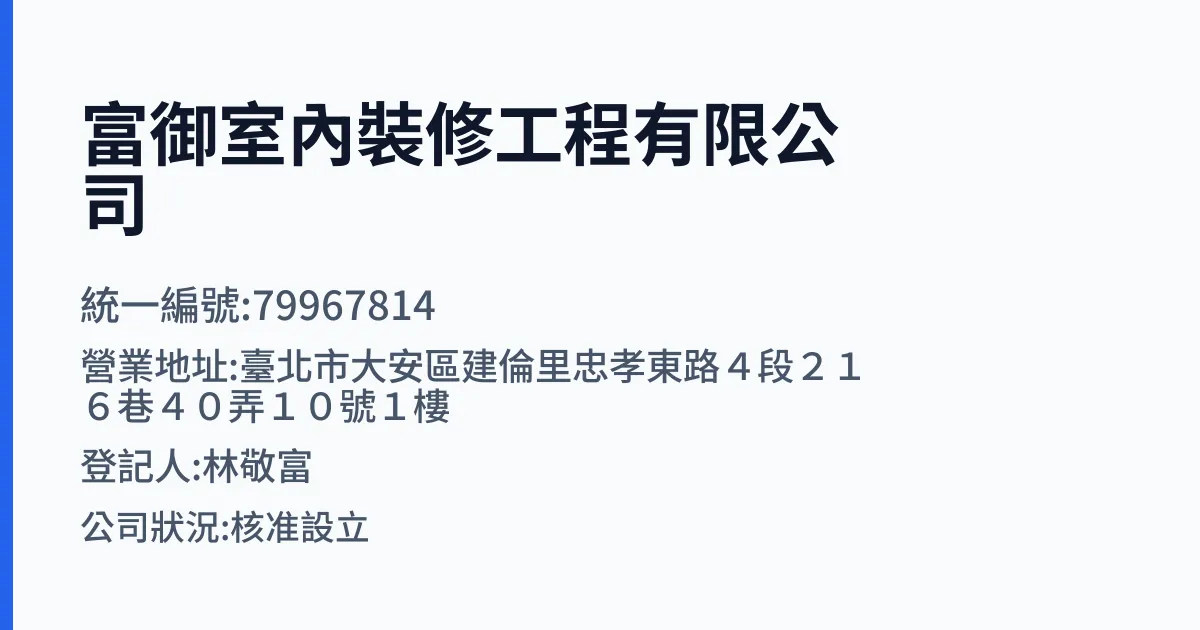 富御室內裝修工程有限公司 - 統編 79967814(臺北市) 公司登記資料與營業項目詳細圖表
