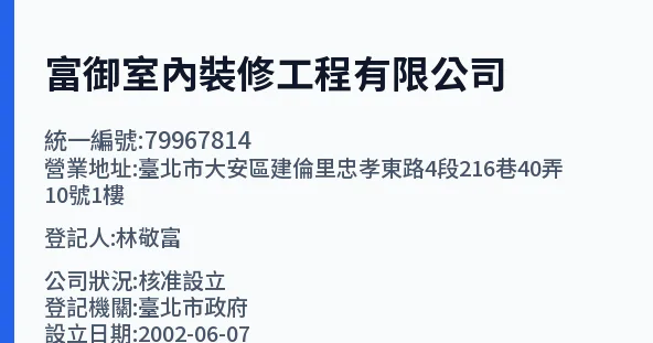 富御室內裝修工程有限公司的照片-統編 79967814(臺北市) 公司登記資料與營業項目詳細圖表