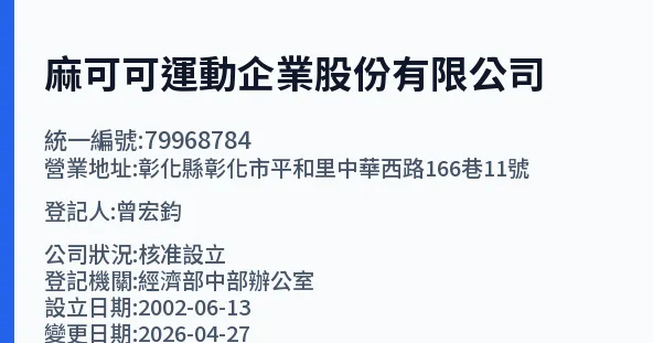 麻可可運動企業股份有限公司的照片-統編 79968784(彰化縣) 公司登記資料與營業項目詳細圖表