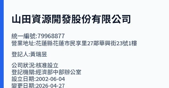山田資源開發股份有限公司的照片-統編 79968877(花蓮縣) 公司登記資料與營業項目詳細圖表