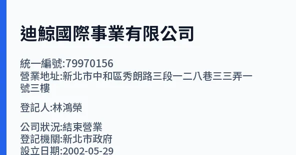 迪鯨國際事業有限公司的照片-統編 79970156(新北市) 公司登記資料與營業項目詳細圖表