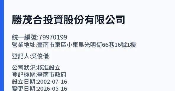 勝茂合投資股份有限公司的照片-統編 79970199(臺南市) 公司登記資料與營業項目詳細圖表