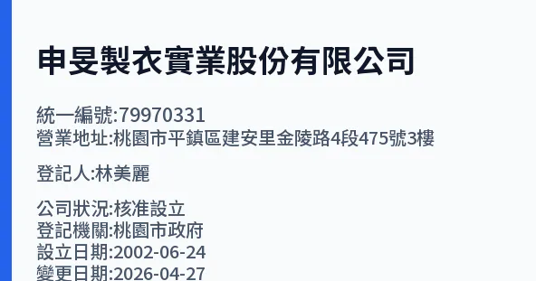 申旻製衣實業股份有限公司的照片-統編 79970331(桃園市) 公司登記資料與營業項目詳細圖表