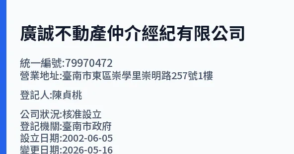 廣誠不動產仲介經紀有限公司的照片-統編 79970472(臺南市) 公司登記資料與營業項目詳細圖表