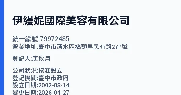 伊縵妮國際美容有限公司的照片-統編 79972485(臺中市) 公司登記資料與營業項目詳細圖表