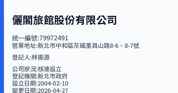 儷閣旅館股份有限公司的照片-統編 79972491(新北市) 公司登記資料與營業項目詳細圖表